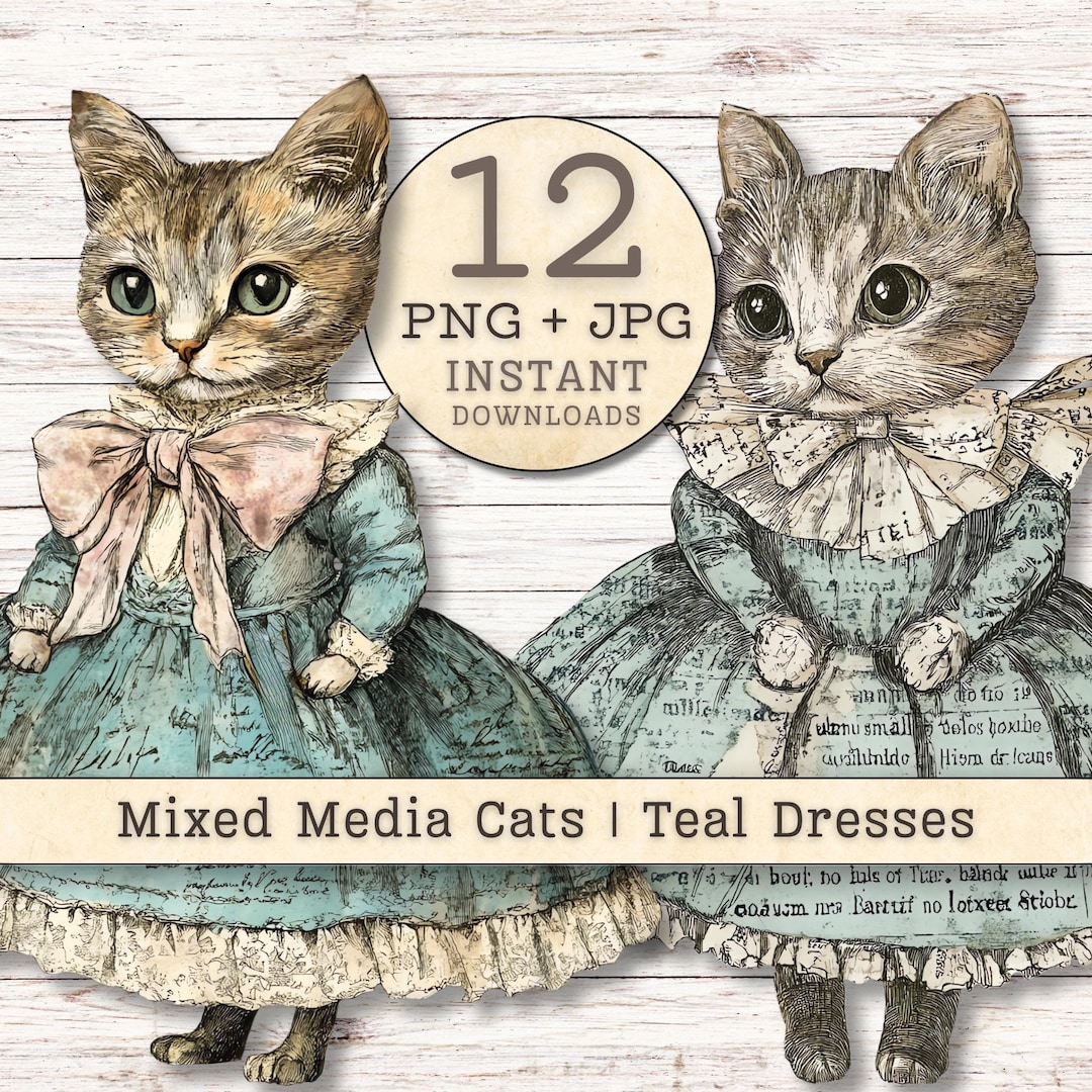 Mixed Media Baroque Cats Clipart, Grunge Texture Distressed PNG + JPG ...