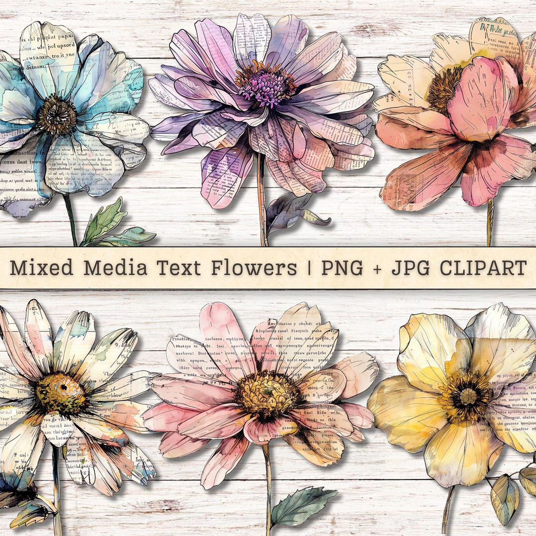 Mixed Media Flowers Clipart, Text Watercolor Grunge Distressed PNG ...