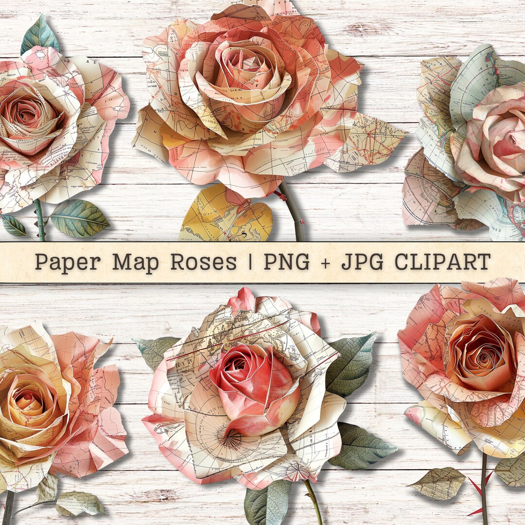 Paper Map Roses Clipart, Mixed Media Antique PNG + JPG Instant ...