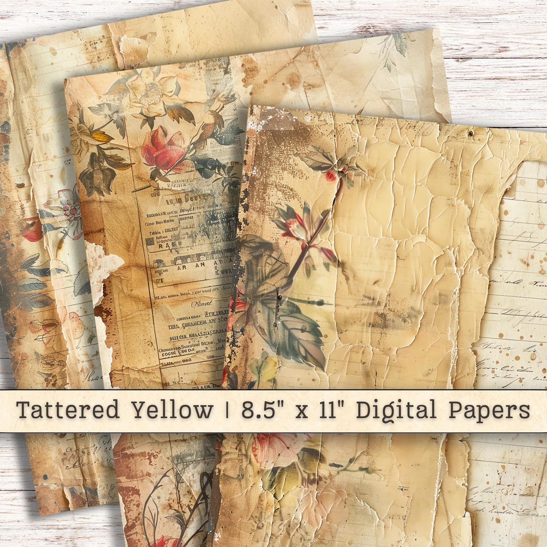Tattered Yellow Digital Paper, Grunge Distressed Printable Pages ...
