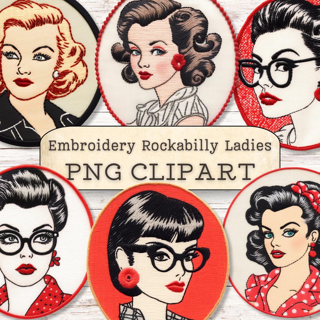 Rockabilly Women Clipart, Embroidery Style Patches, 1950s, Cute, PNG ...