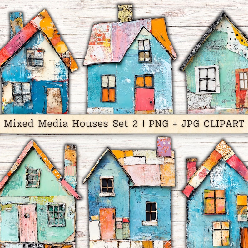 Mixed Media Houses Clipart Set 2, Grunge Texture Distressed PNG JPG ...