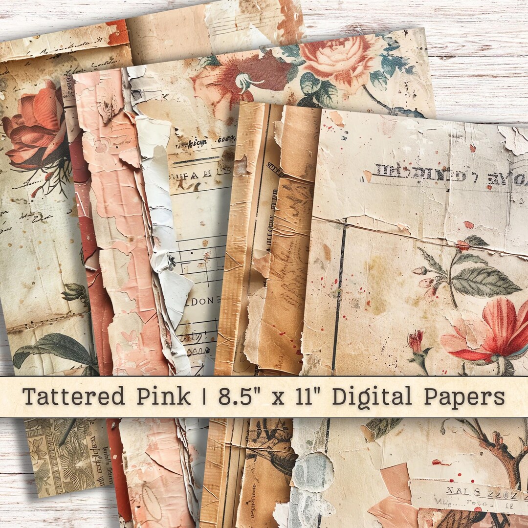 Tattered Pink Digital Paper, Grunge Distressed Printable Pages, Collage ...