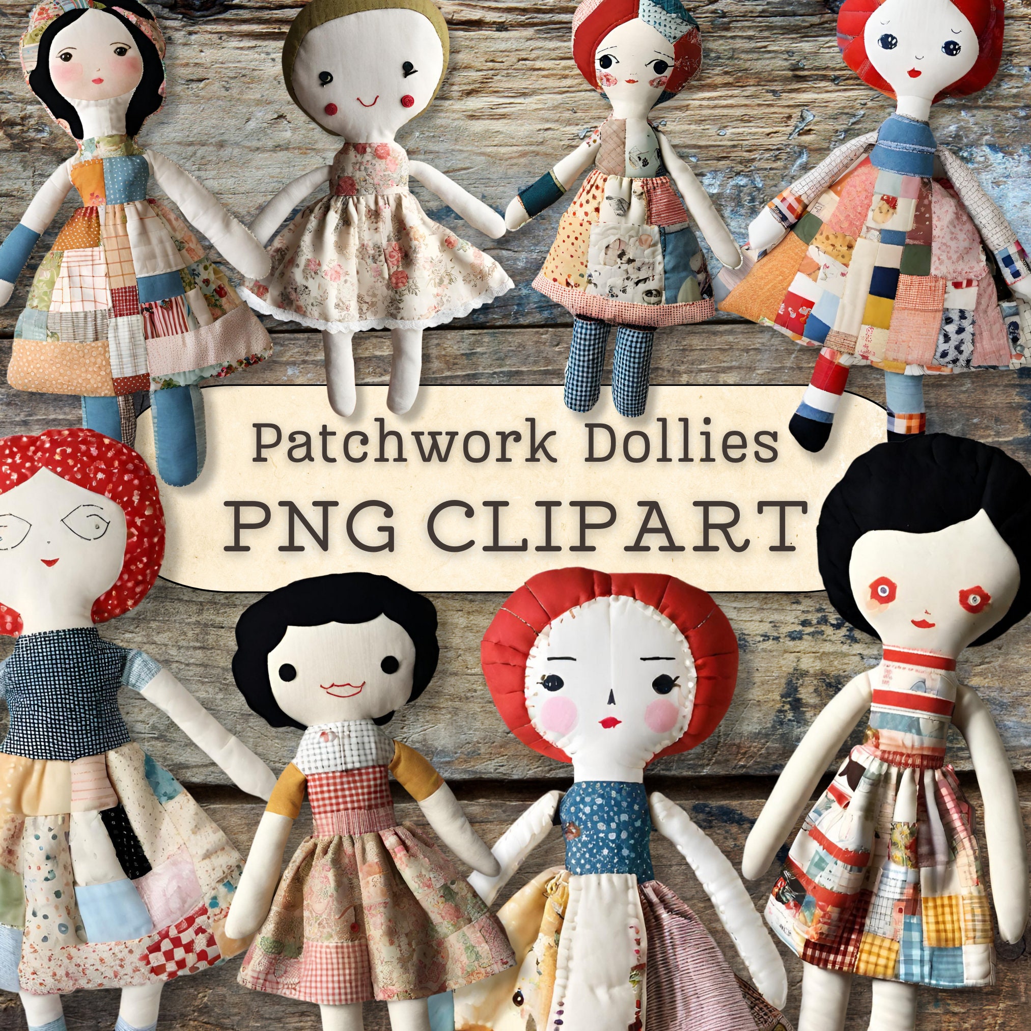 Patchwork Dollies Clipart, PNG Digital Downloads, Shabby Chic Vintage ...