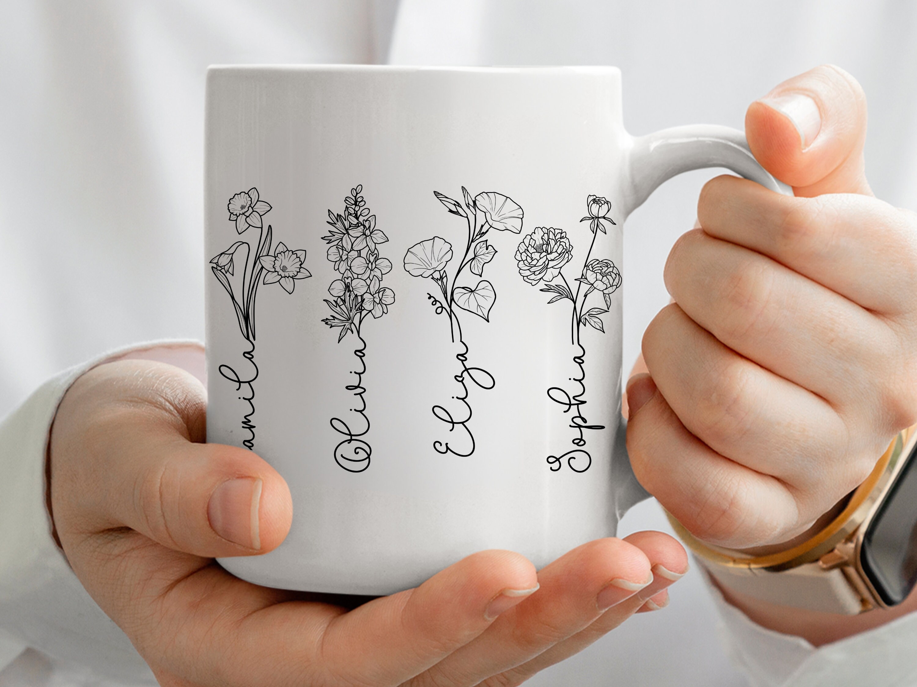 Birth Flower Gift Mom Garden Mug, Custom Family Name Mugs, Personalized ...