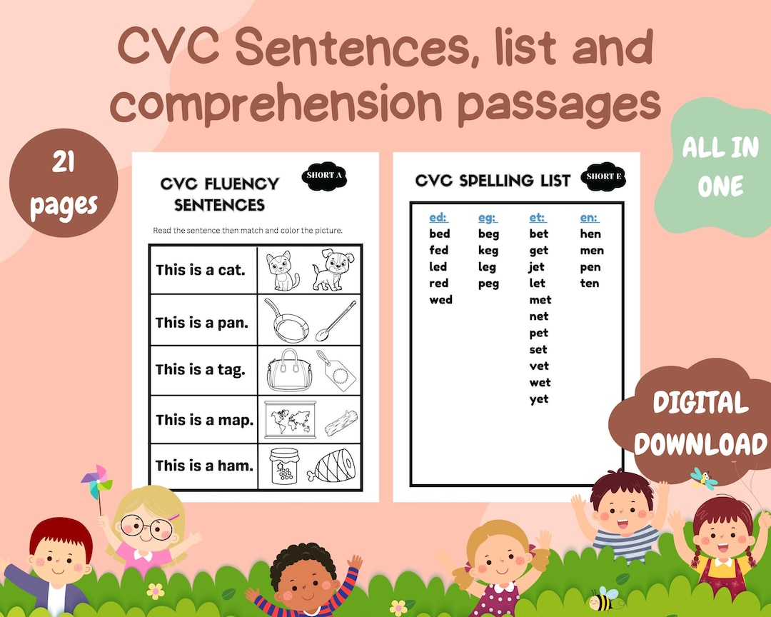 Lista y oraciones CVC / Hojas de trabajo de lectura divertidas / Ayuda ...