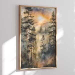Watercolor Digital Print Pine Woods Foggy Sunset 2401 | Nature Colors ...