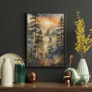 Watercolor Digital Print Pine Woods Foggy Sunset 2401 | Nature Colors ...