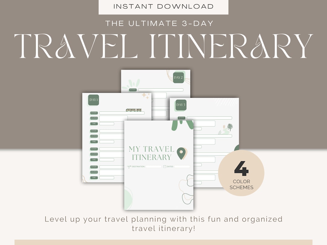 3-day Travel Itinerary Printable | PDF | Instant Download | 4 Colors ...