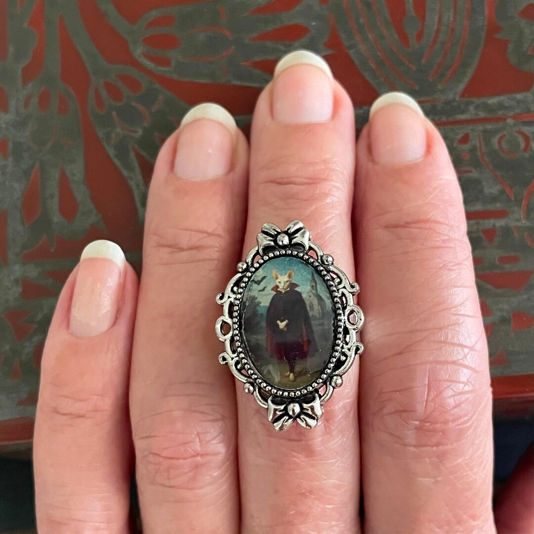 Spooky Victorian Vampire Tiny Portrait Cat Ring - Whimsical Goth Art ...