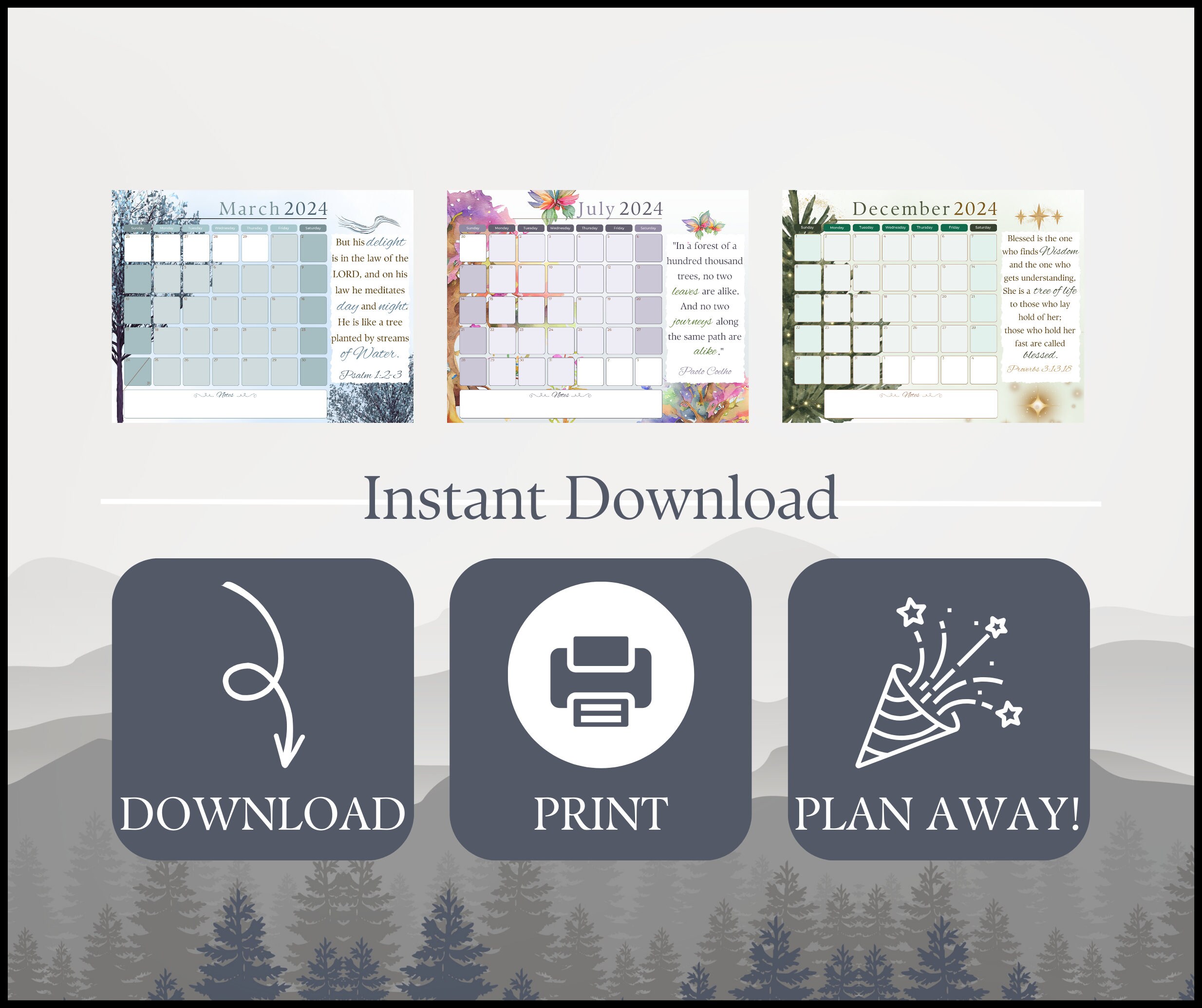 2023-2024 Tree Themed Printable Calendar Monthly Planner 2024 Digital ...