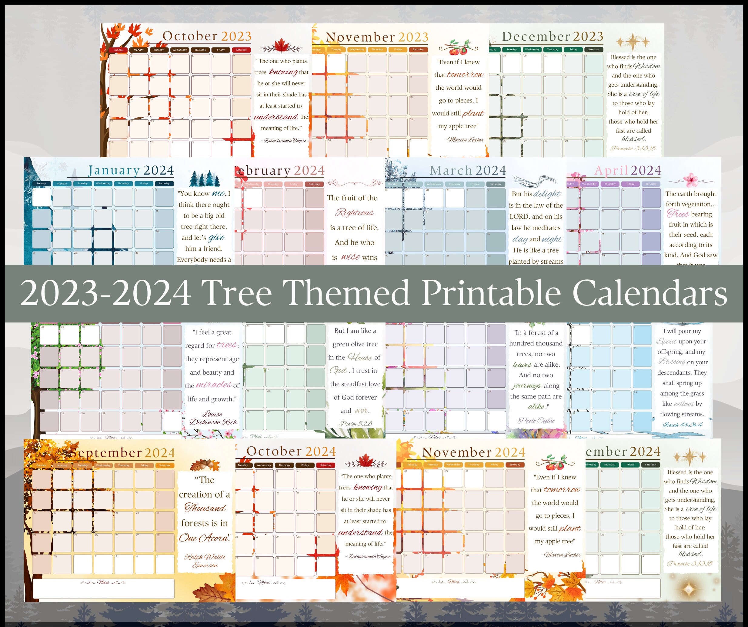 2023-2024 Tree Themed Printable Calendar Monthly Planner 2024 Digital ...