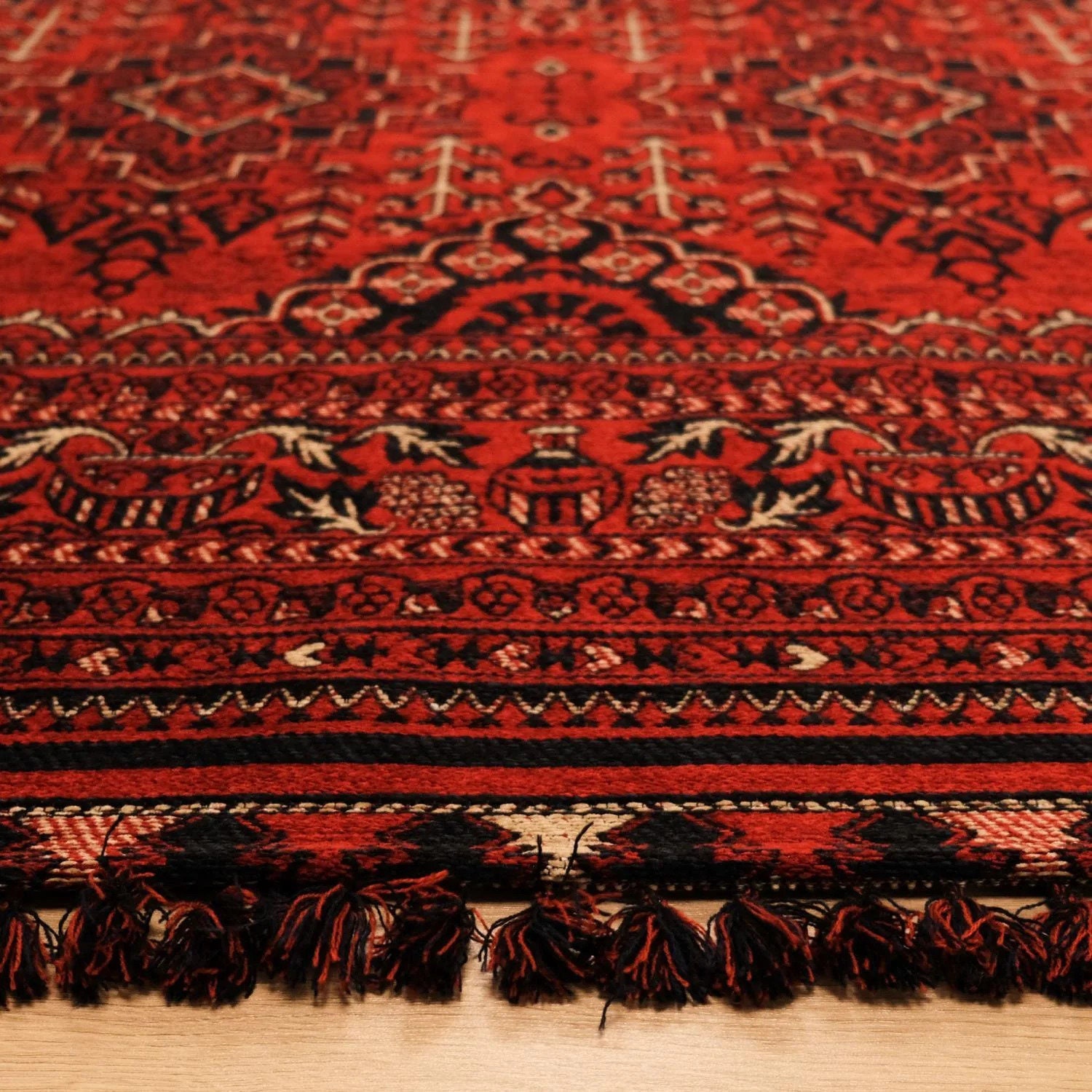 Persian Afghan Red Rug, Ethnic Pattern Bokhara, Washable Living Room ...