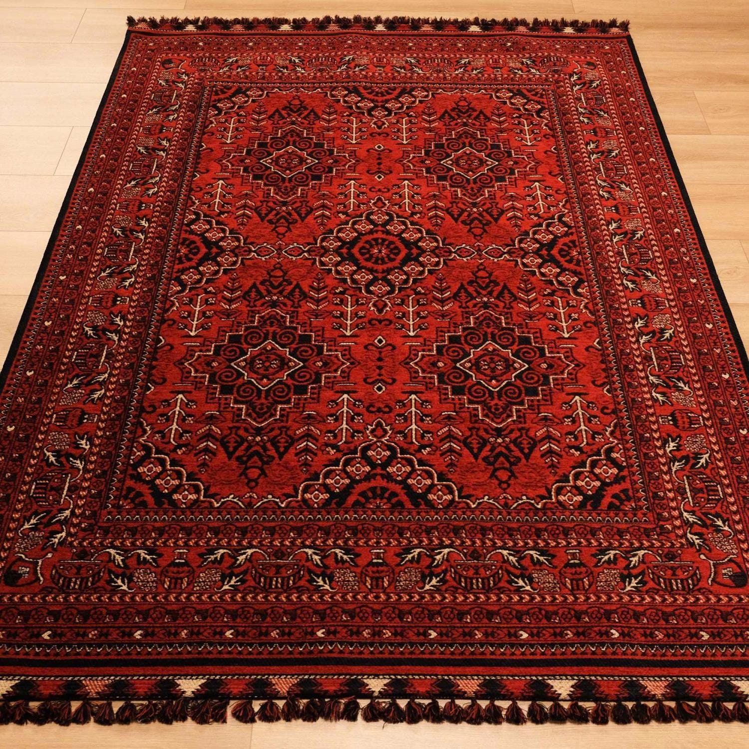 Persian Afghan Red Rug, Ethnic Pattern Bokhara, Washable Living Room ...