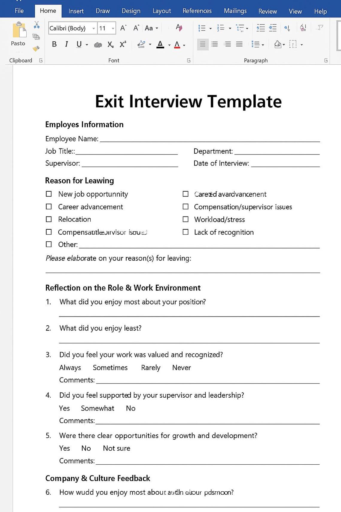 Editable Exit Interview Template: HR Feedback Form (PDF & Word) - Etsy