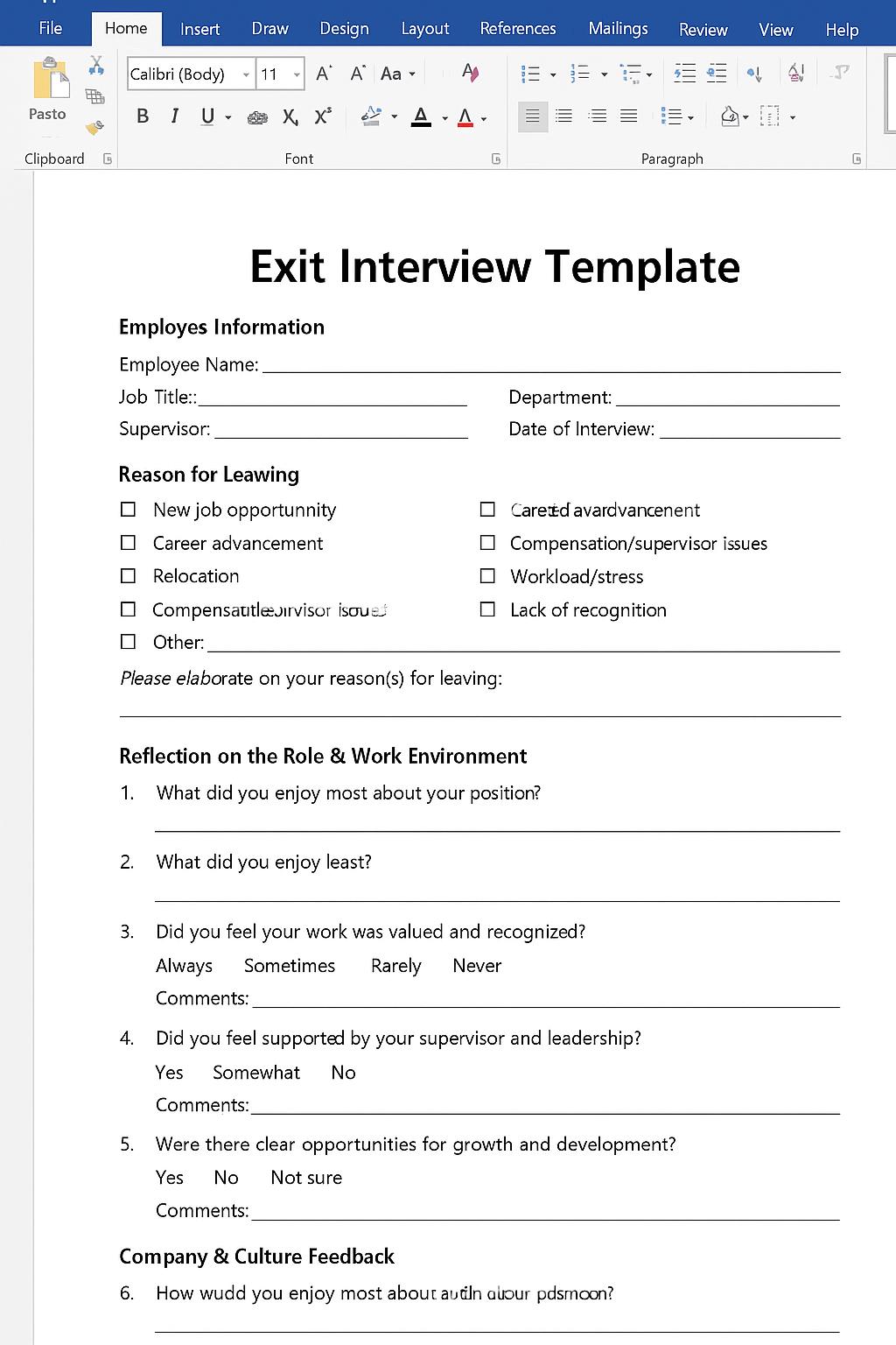 Exit Interview Template | Editable HR Form | Printable Employee ...
