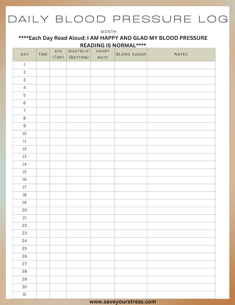Blood Pressure Daily Log - Etsy