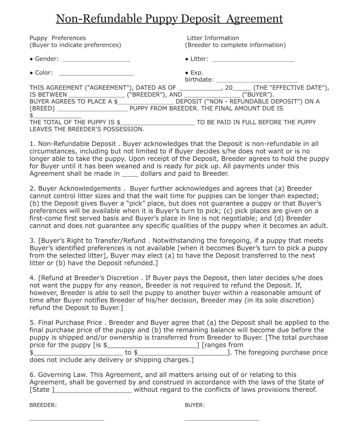 Non - Refundable Puppy Deposit Agreement - Etsy
