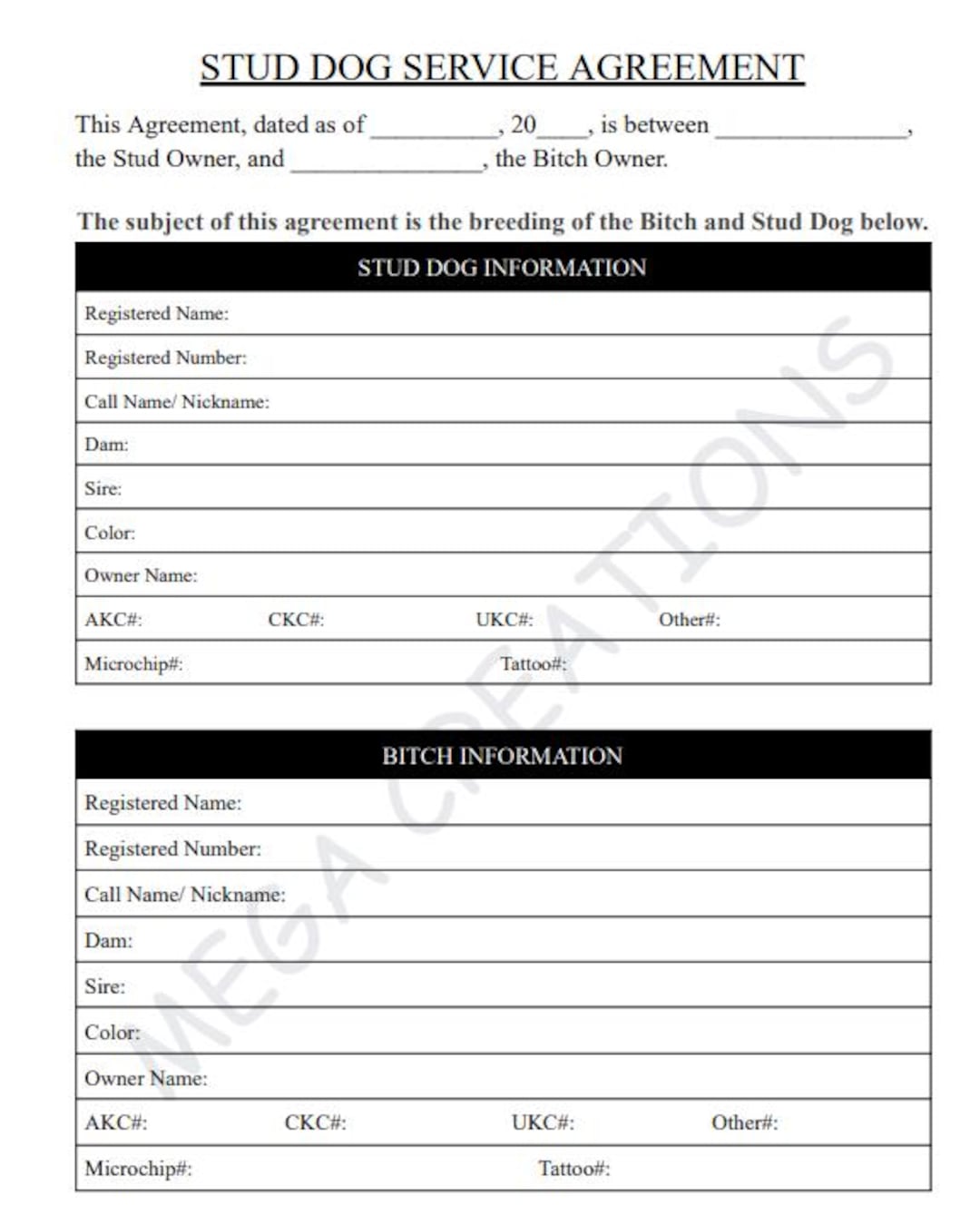 Stud Dog Agreement Form PDF File - Etsy
