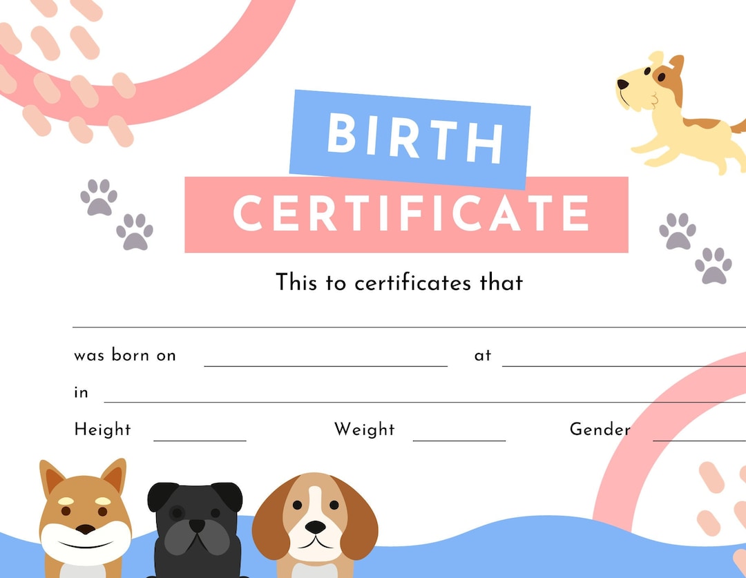 Unique Printable Dog Birth Certificate, Customizable Puppy Birth Record ...