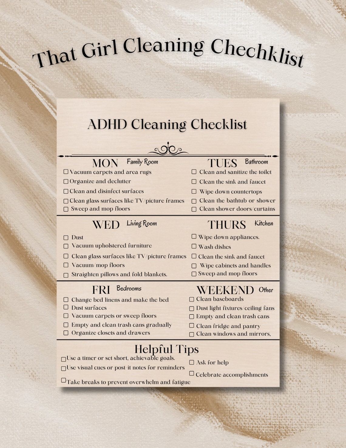 Clean Girl Aesthetic Cleaning Checklist, Cleaning Schedule, ADHD ...