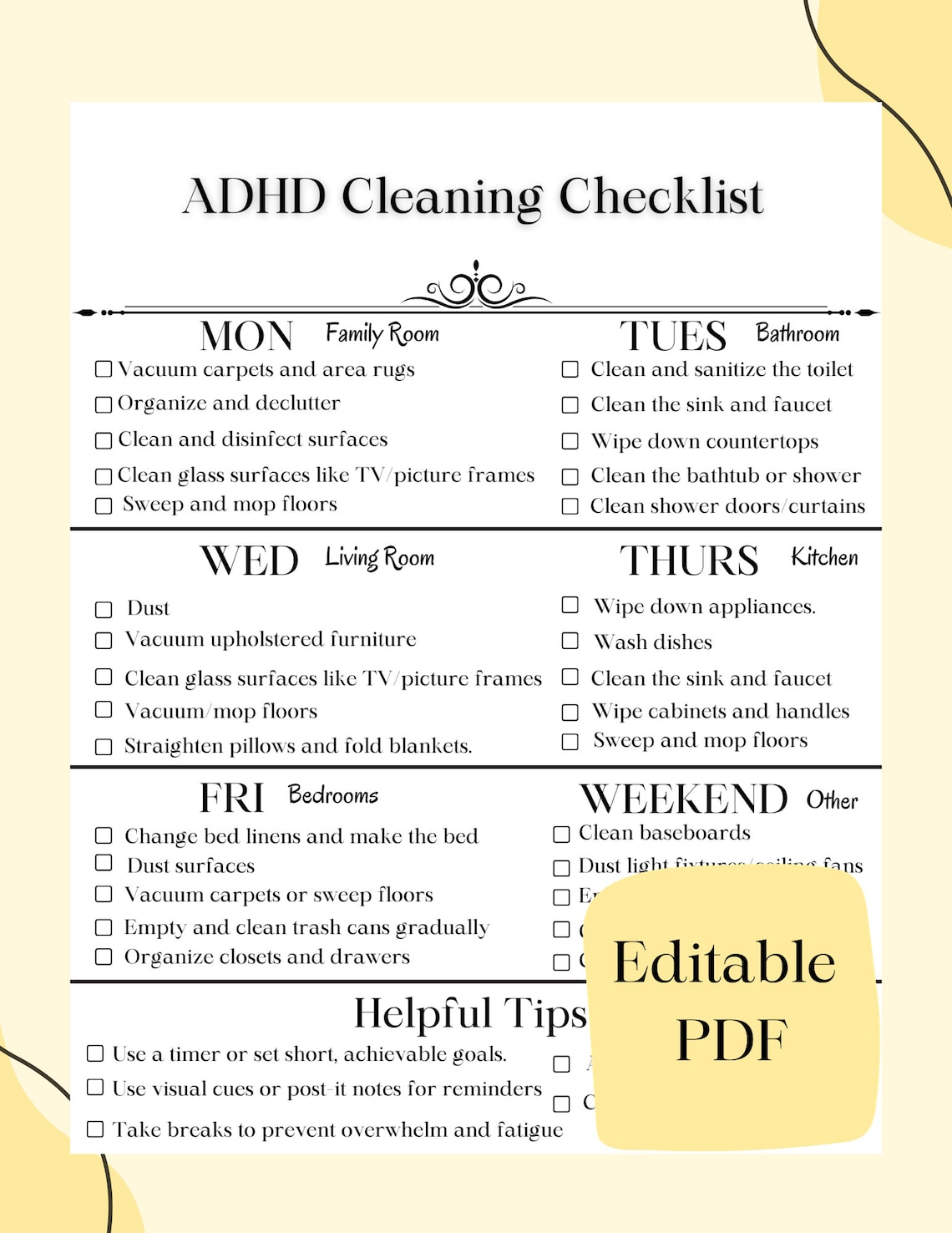 Editable Cleaning Checklist, Cleaning Schedule, ADHD Cleaning Checklist ...