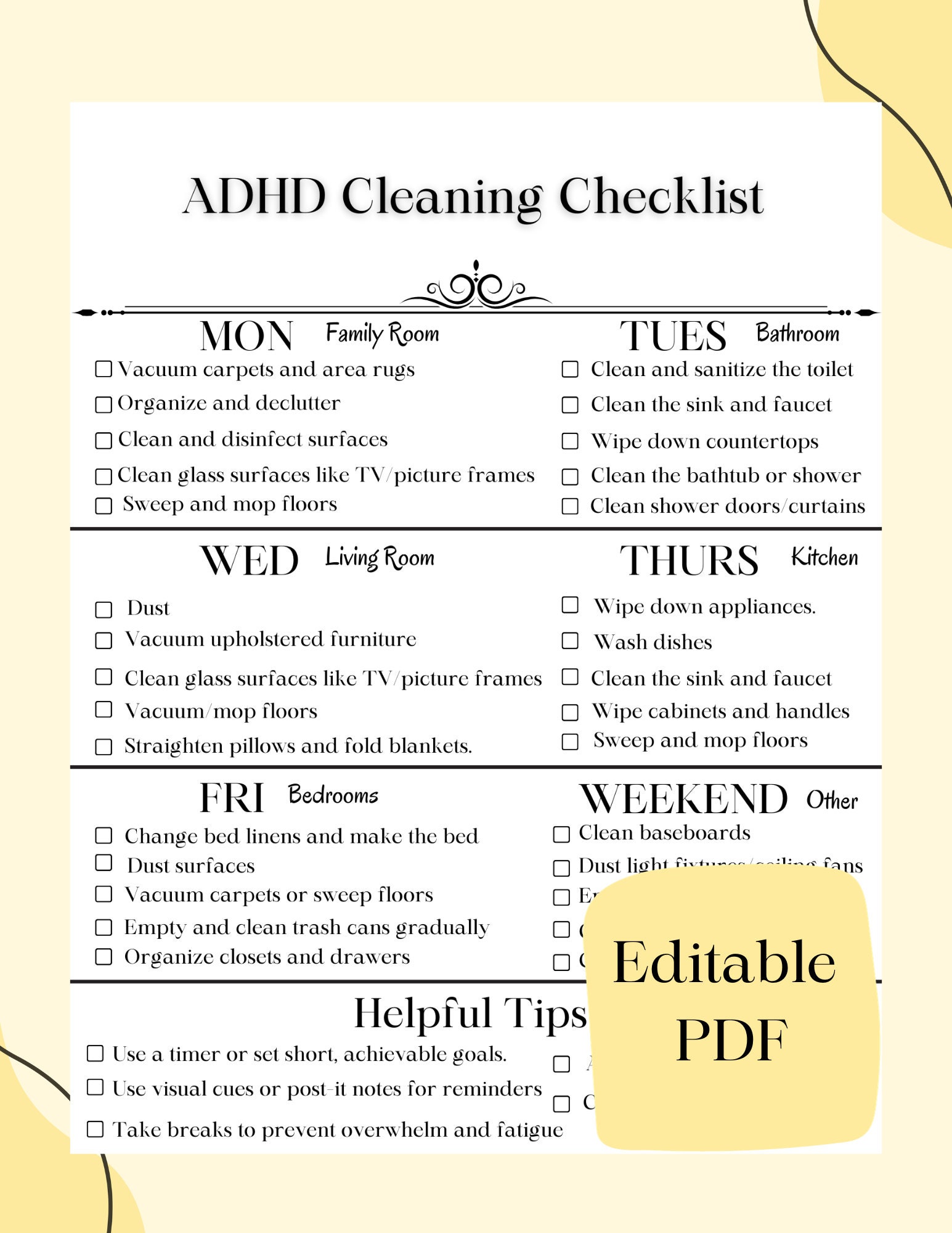 Editable Cleaning Checklist, Cleaning Schedule, ADHD Cleaning Checklist ...
