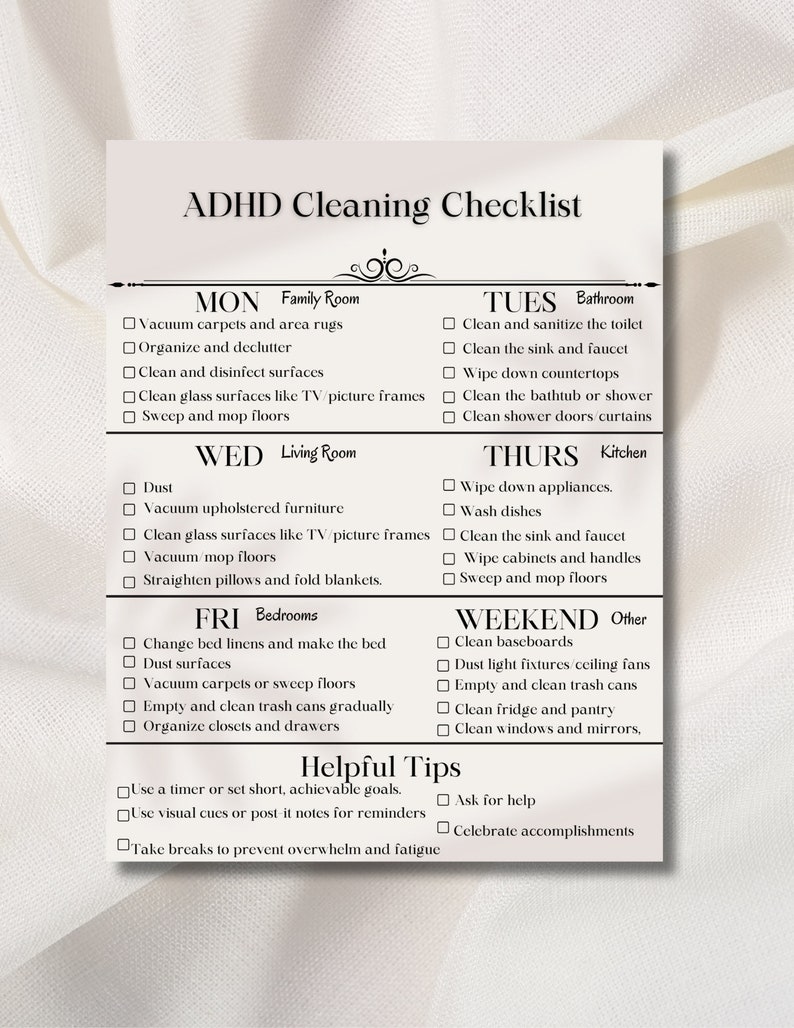 Editable Cleaning Checklist, Cleaning Schedule, ADHD Cleaning Checklist, ADHD Chore Chart, ADHD ...