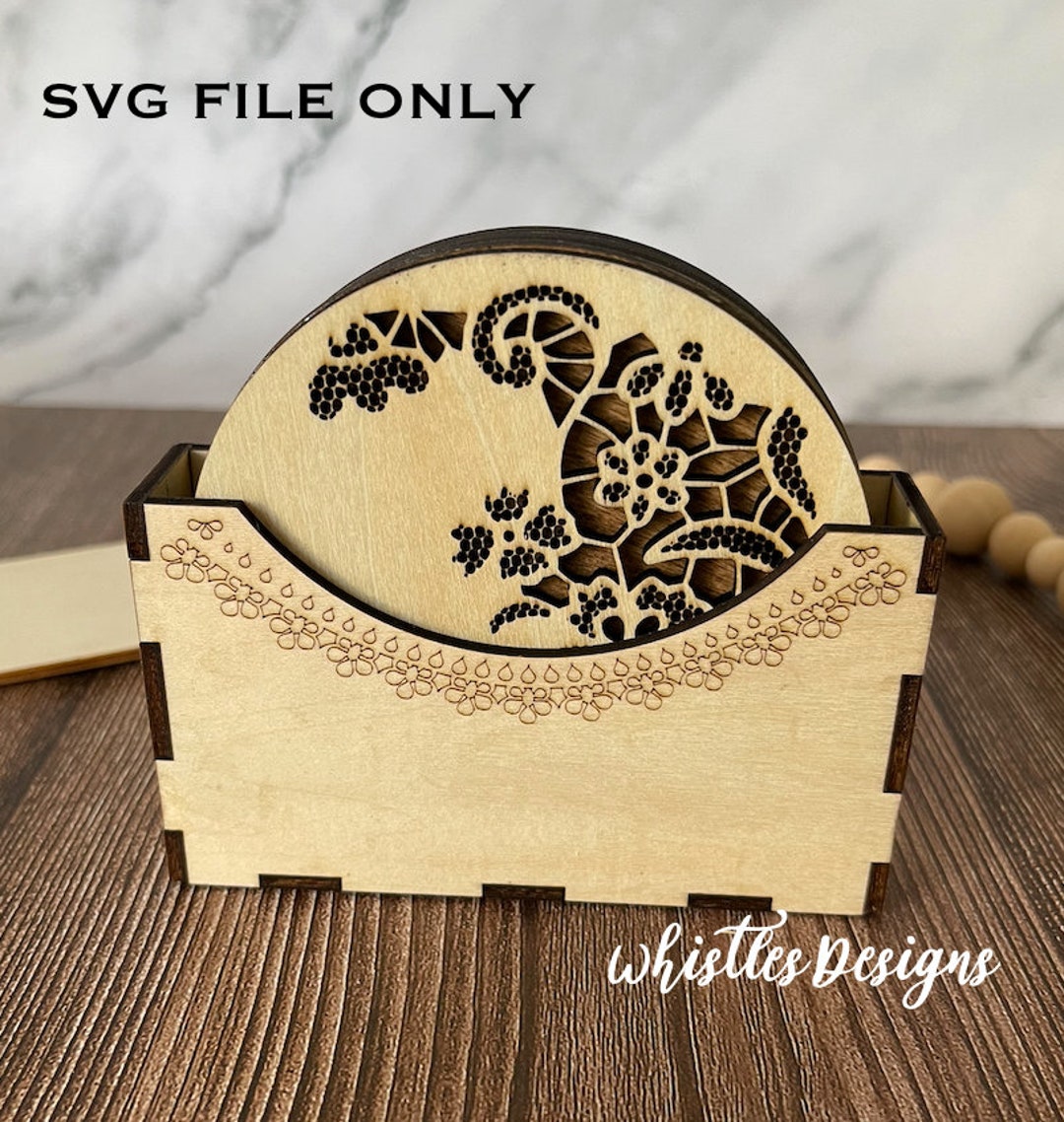 Floral Lace on Half the Coaster With Holder for 6 Coasters SVG File - Etsy