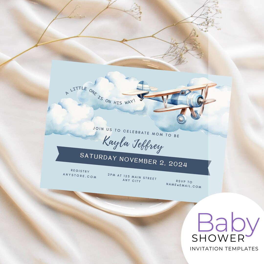 Airplane Baby Shower Invitation Template - Etsy