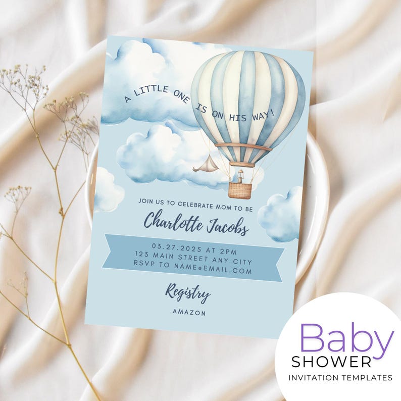 Hot Air Balloon Baby Shower Invitation Template - Etsy