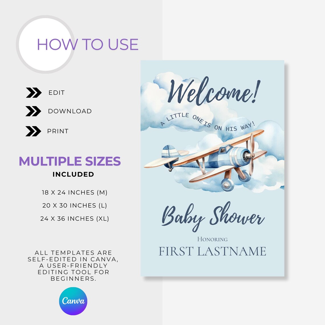 Airplane Baby Shower Welcome Sign Editable Template - Etsy