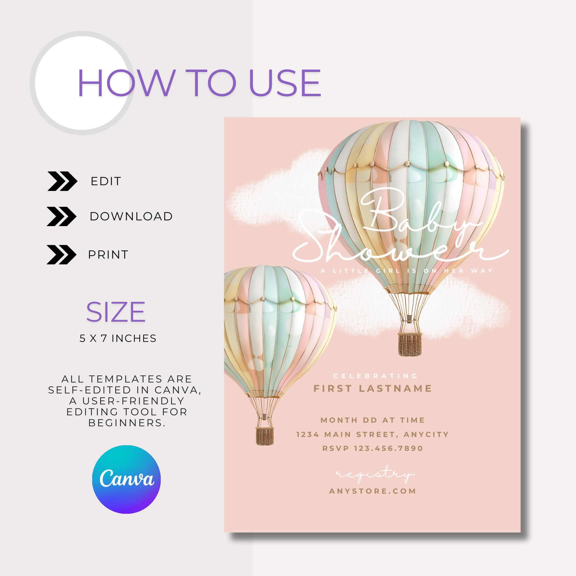 Hot Air Balloon Baby Shower Invitation Template - Etsy