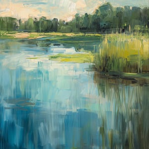 Waterscape Art Print Set: Serene Pond, Blue Green Wall Decor (digital ...
