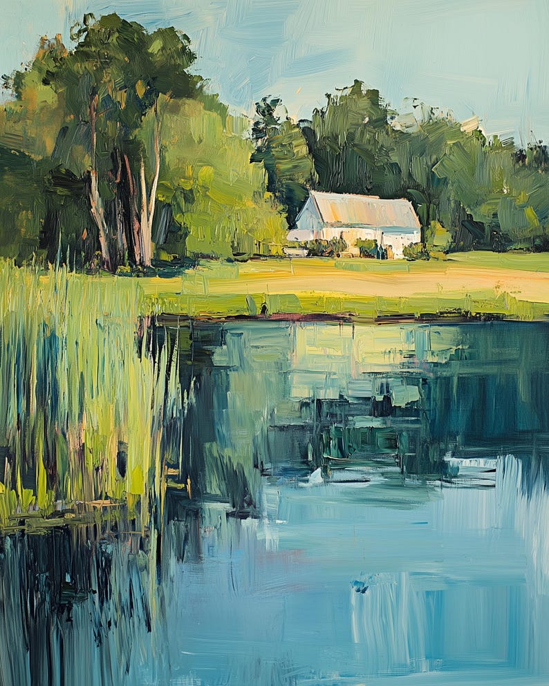 Waterscape Art Print Set: Serene Pond, Blue Green Wall Decor (digital ...