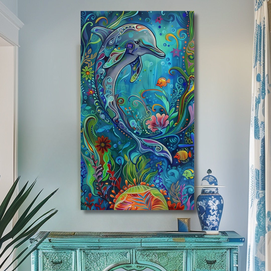 Dolphin Teal Boho Style Art Poster for Sealife Ocean Beach Lover in ...