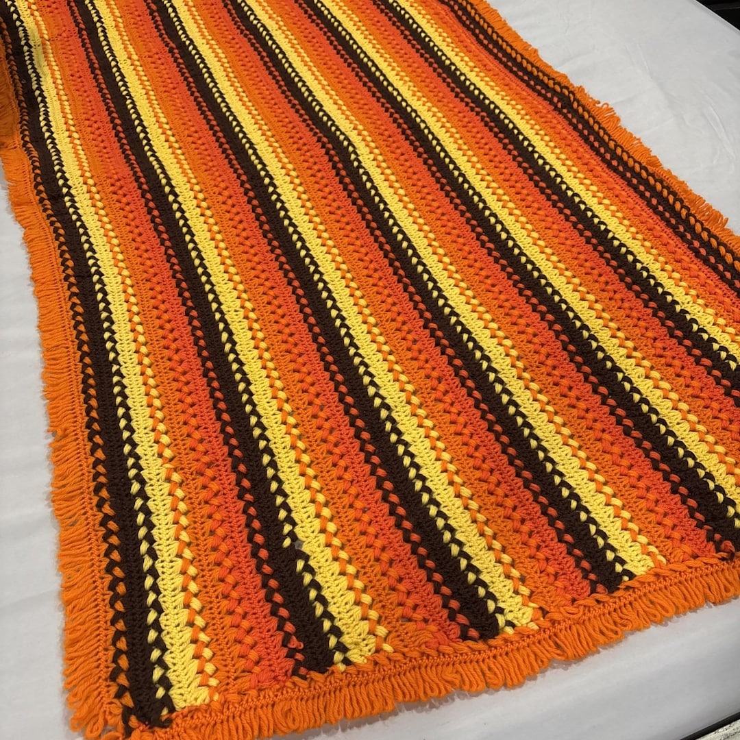 VTG Fall Colors AFGHAN 66x38" Hand-made Throw Blanket, Orange-yellow ...