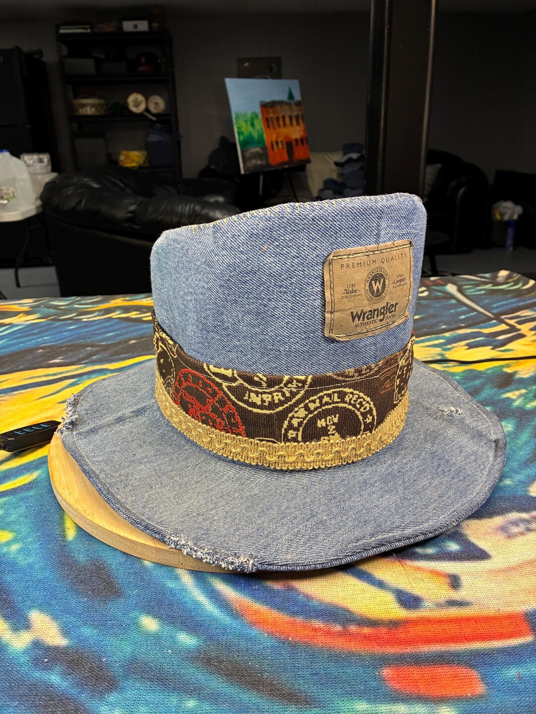 Upcycled Denim Wrangler Hat With Cotton Plaid Lining, 23.5" | Handmade ...