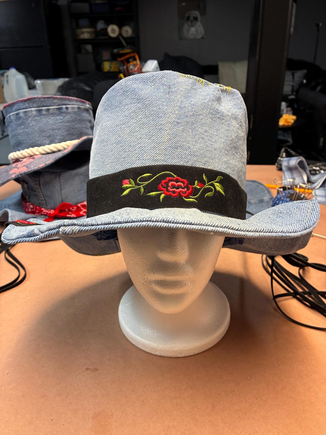 Upcycled Denim Hobo Hat With Embroidered Rose Band & Fringe – Handmade ...