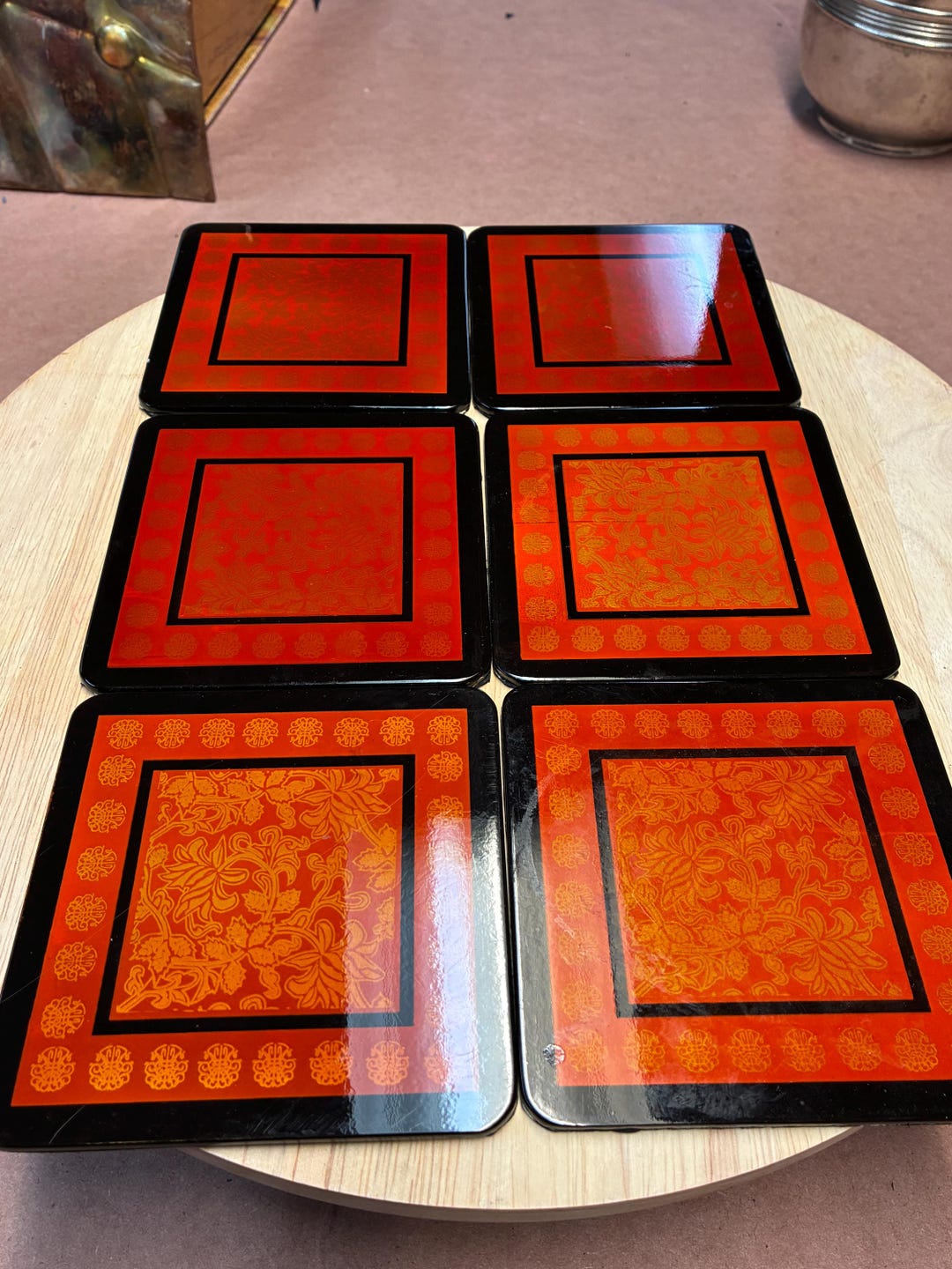 Vintage Japanese Lacquerware Coaster Set – Red & Black Floral Design ...