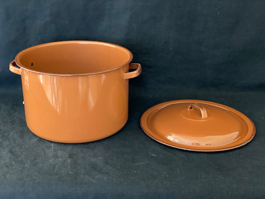 Vintage Enamelware, Brown Enamel Cooking Pot With Lid, 2 Quart Stockpot ...