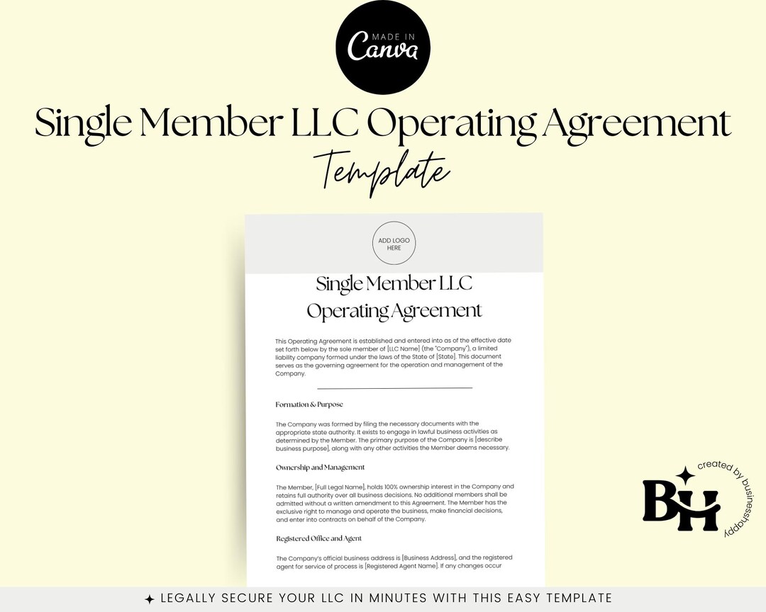 Editable Single Member LLC Operating Agreement, Agreement Template ...
