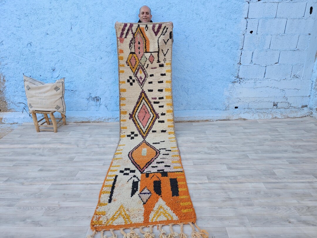 Soft White Beni Ourain Runner, Handmade Berber Runner, Orange Moroccan ...
