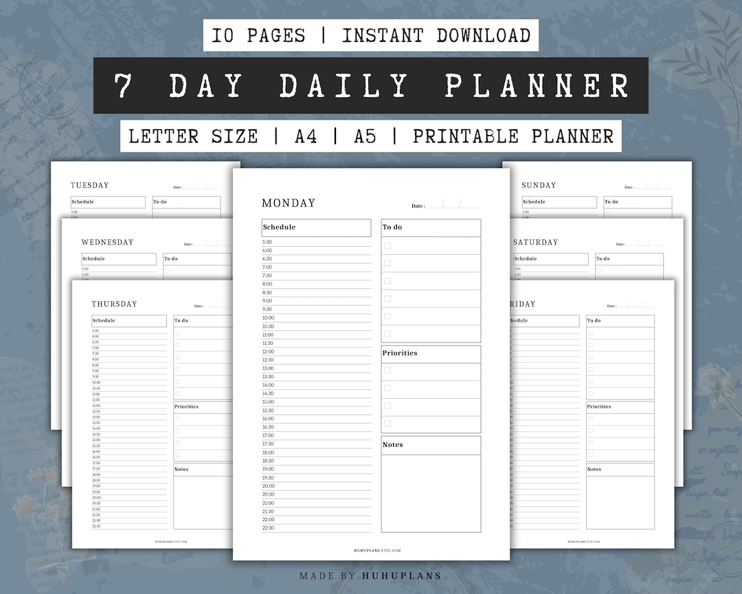 7 Day Printable Planner Everyday Planner Personal Daily Minimalist ...