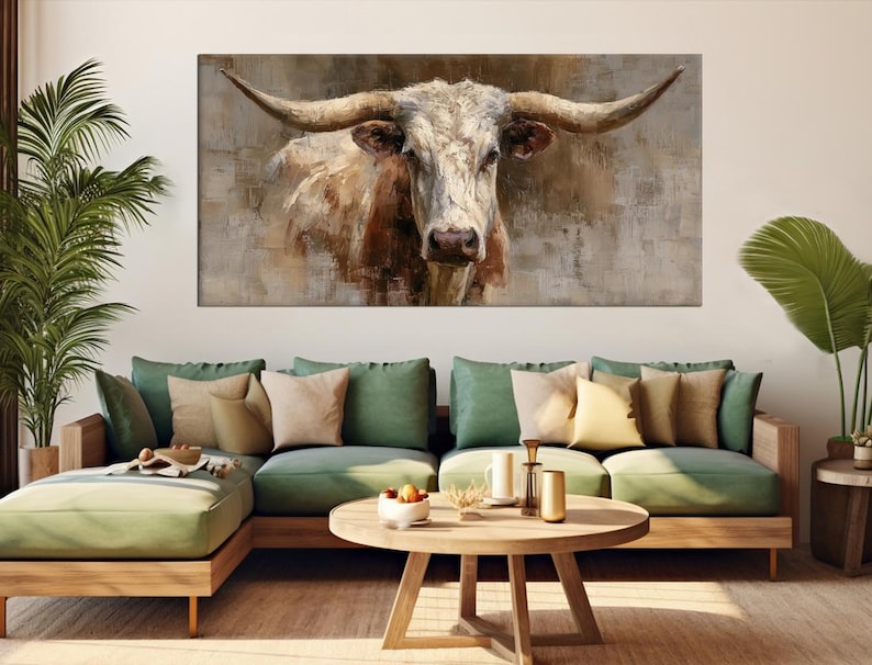 Rustic Longhorn Print, Bull Canvas Wall Art, Farmhouse Bull Painting ...