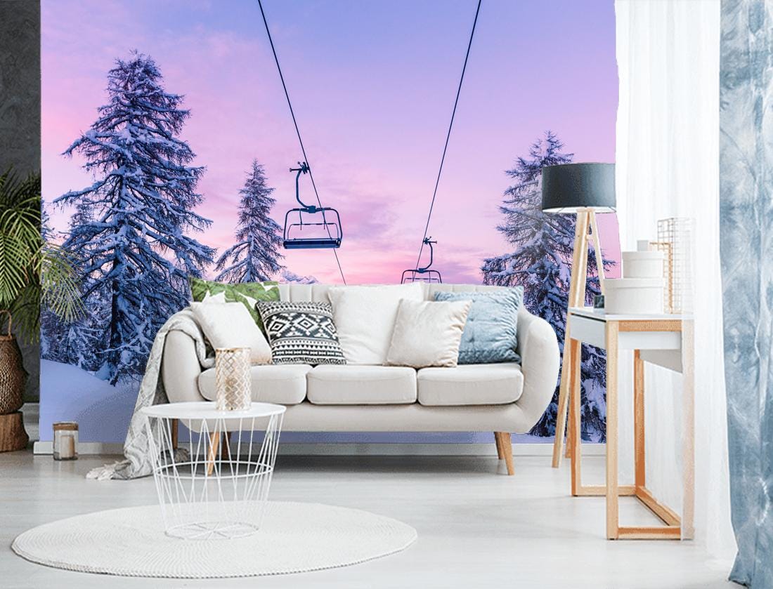 Ski Lift Peel and Stick Wallpaper, Cable Car Way to Snowy Mountains ...