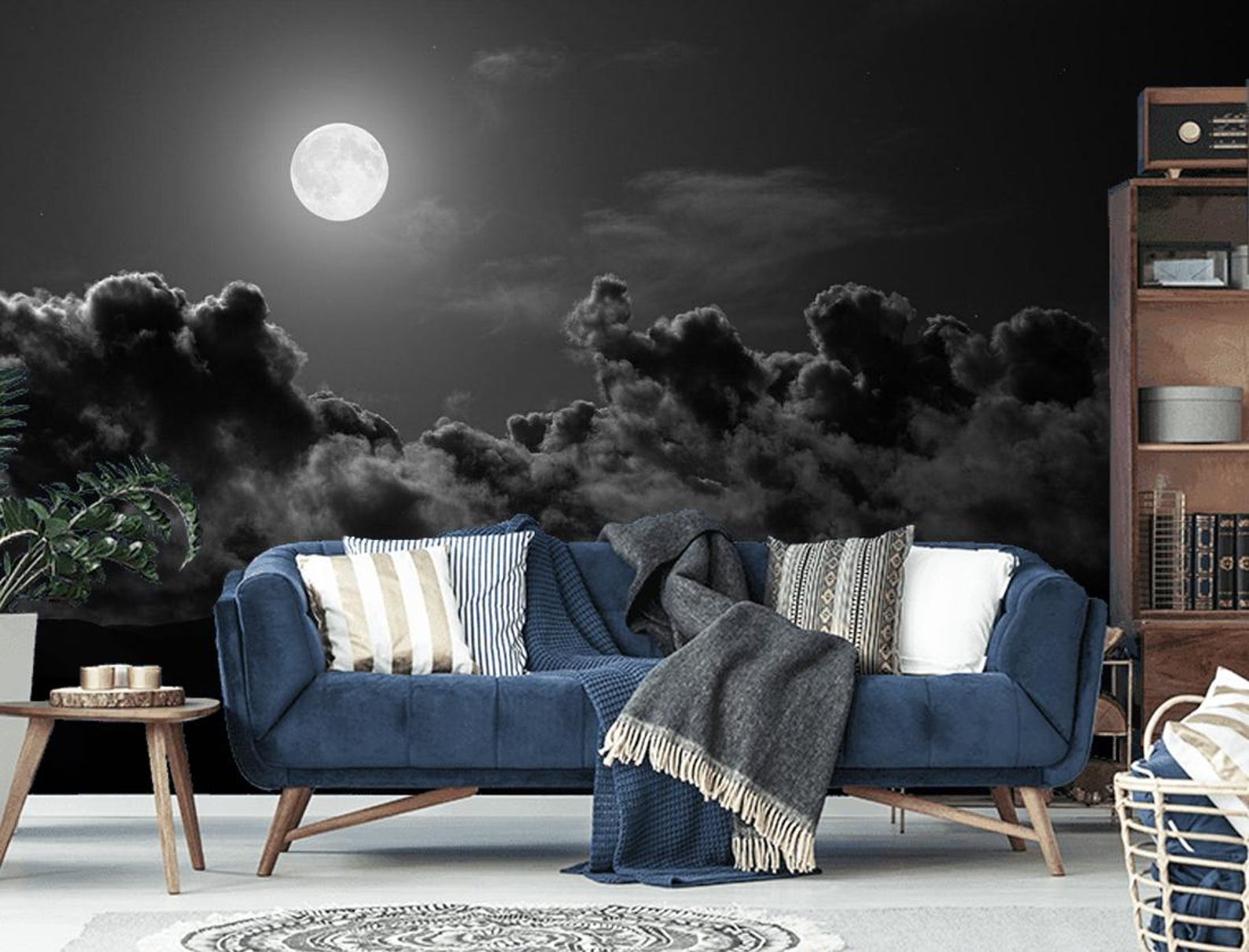Full Moon Wall Mural, Night Sky and Clouds Wallpaper, Cloudy Moon Decor ...