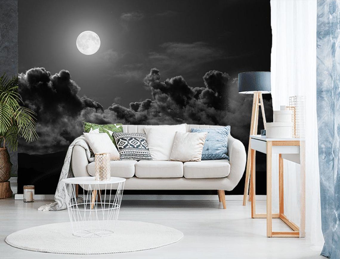 Full Moon Wall Mural, Night Sky and Clouds Wallpaper, Cloudy Moon Decor ...