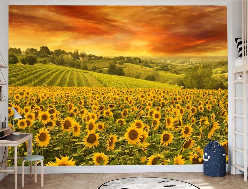 Field of Sunflowers Wall Mural, Sunflowers Floral Wallpaper Home Decor ...