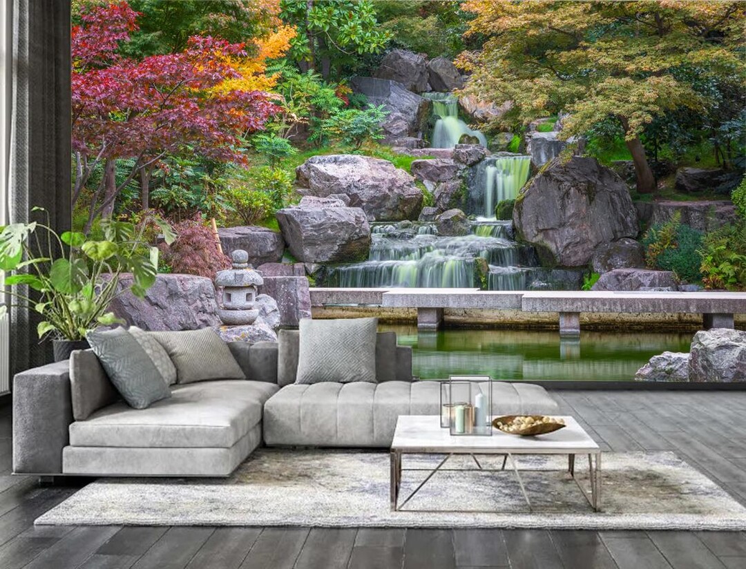 Waterfall With Maples and Bridge Peel and Stick Wallpaper, Green Garden ...